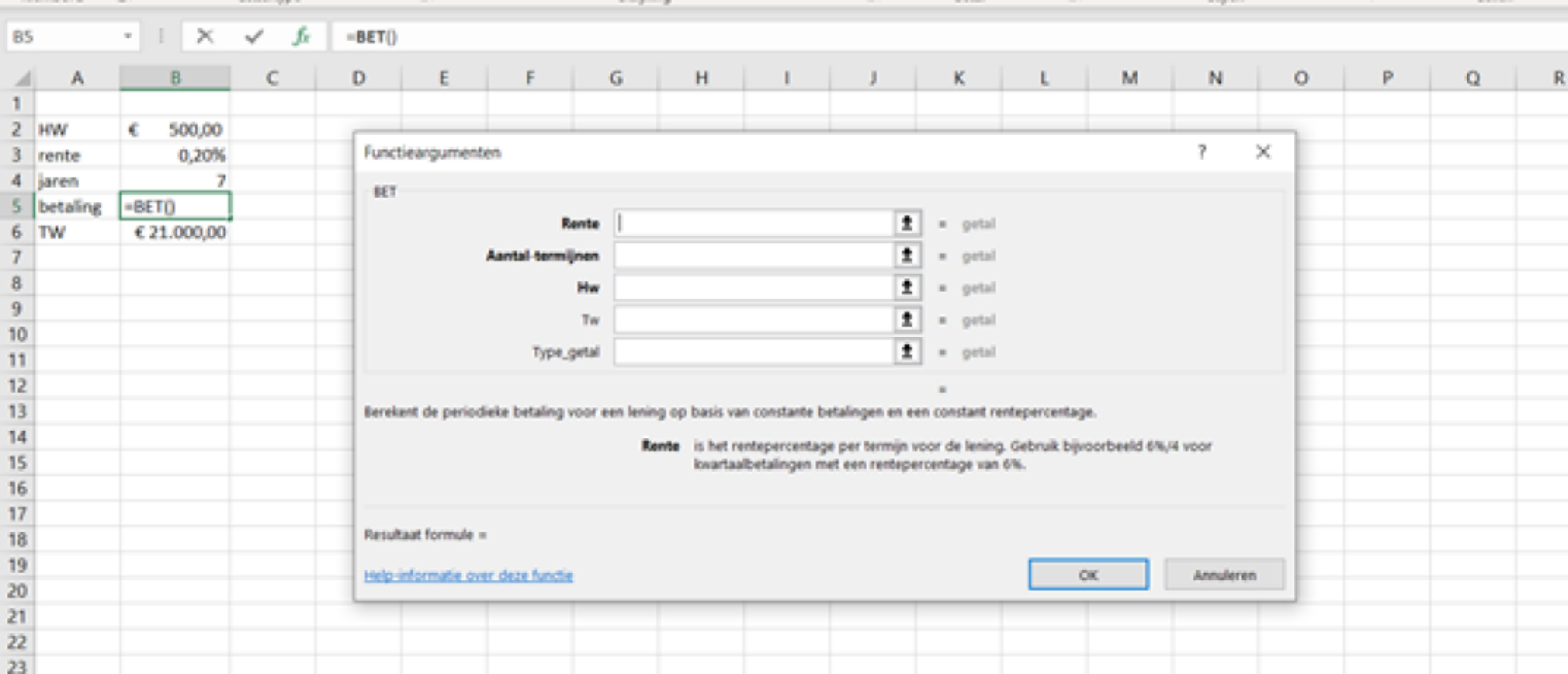 Werken met de functie BET in Excel