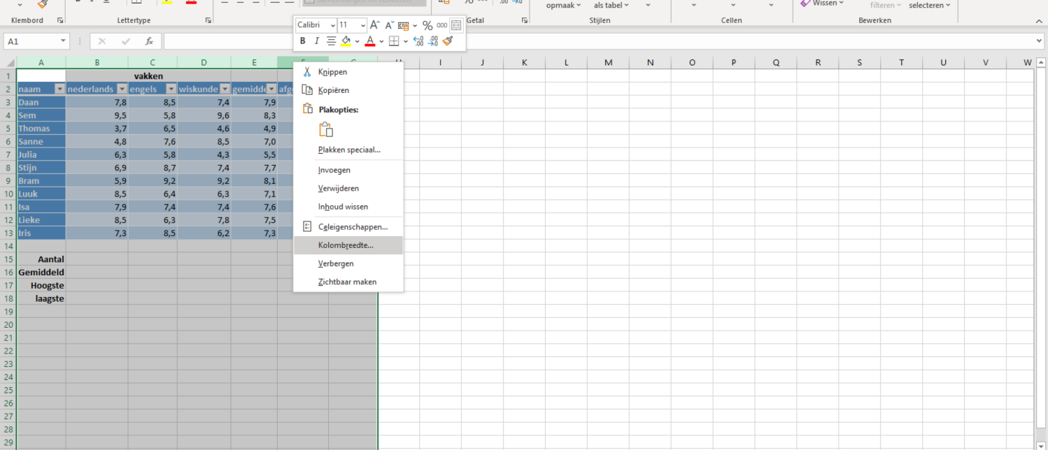 Kolombreedte of rijhoogte instellen in Excel
