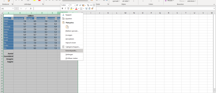 Kolombreedte of rijhoogte instellen in Excel