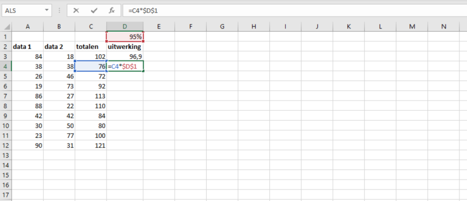 Relatieve en absolute celverwijzingen in Excel