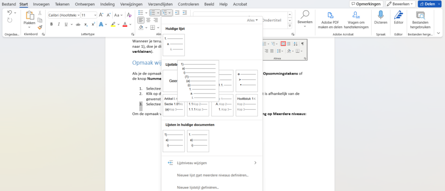 Lijst met meerdere niveaus gebruiken in Word