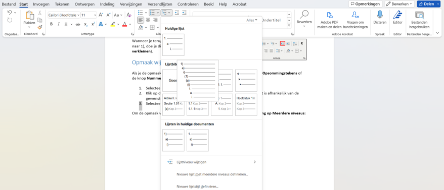 Lijst met meerdere niveaus gebruiken in Word