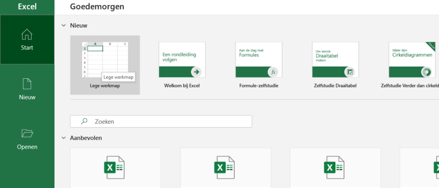 Nieuwe werkmap maken in Excel
