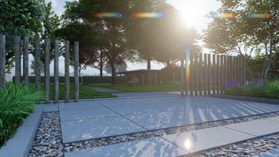 3D ontwerp landschapstuin met zwembad