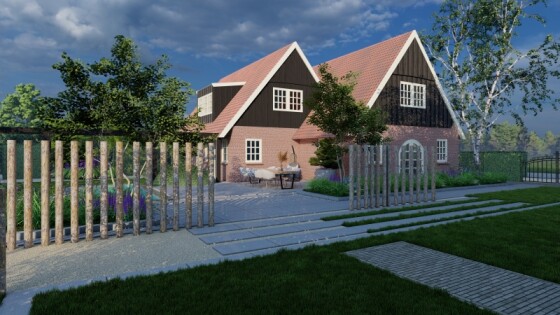 3D ontwerp landschapstuin met zwembad